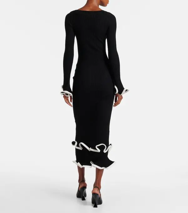 Simkhai Solani Ribbed-knit Midi Dress With Ruffled Trim