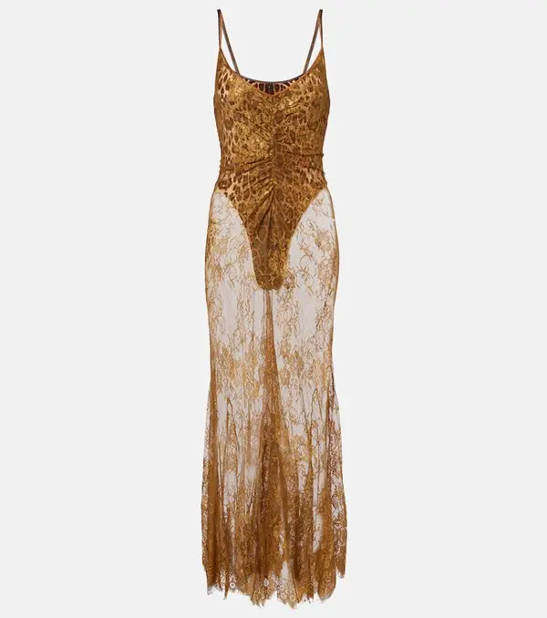 JACQUES WEI Silk-trimmed Lace Maxi Dress - Brown