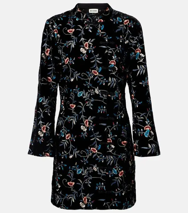 Rixo Delphina Embroidered Velvet Minidress - Black