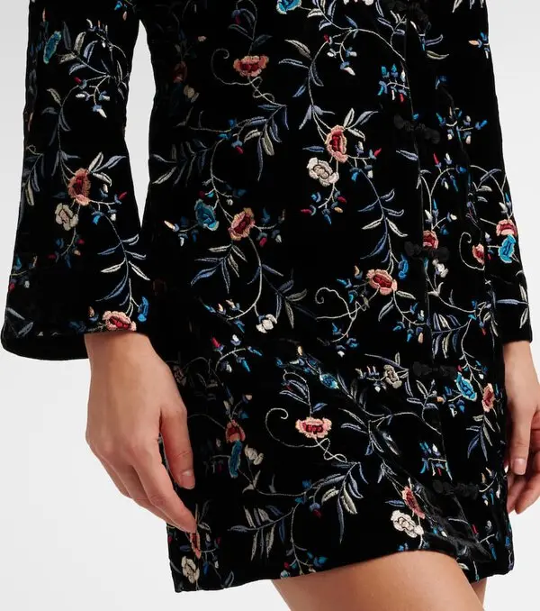 Rixo Delphina Embroidered Velvet Minidress - Black