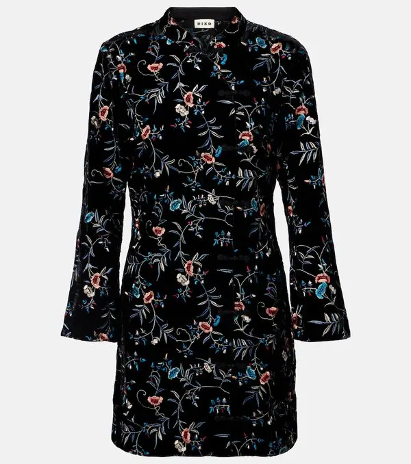 Rixo Delphina Embroidered Velvet Minidress - Black