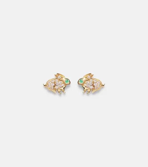 ANITA KO Bunny 18kt Yellow Earrings With Diamonds And Emeralds - Gold