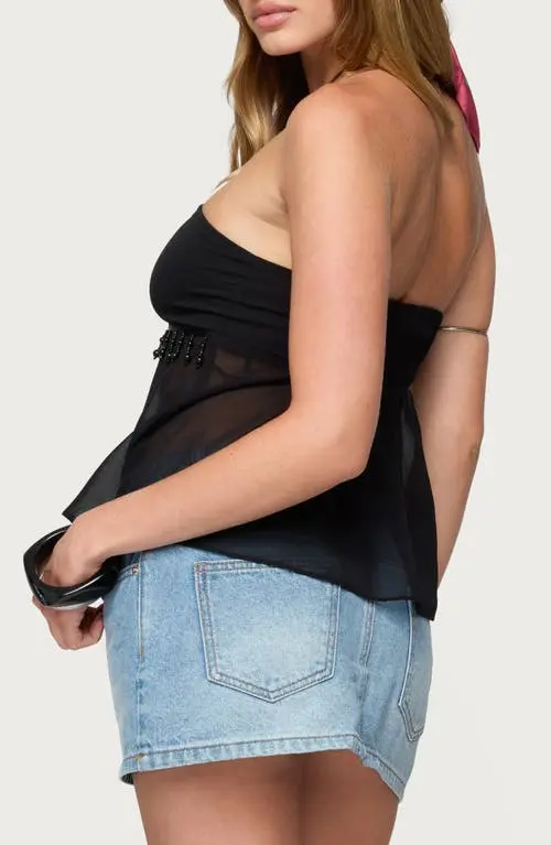EDIKTED Bead Detail Sheer Chiffon Babydoll Halter Top