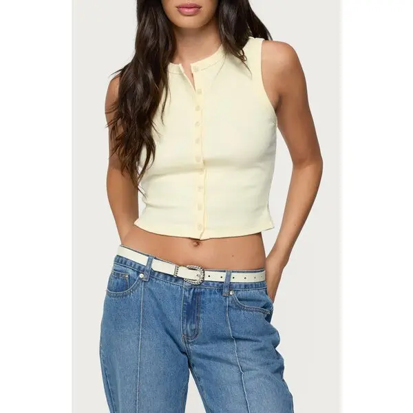 EDIKTED Basel Ribbed Crop Top - Yellow