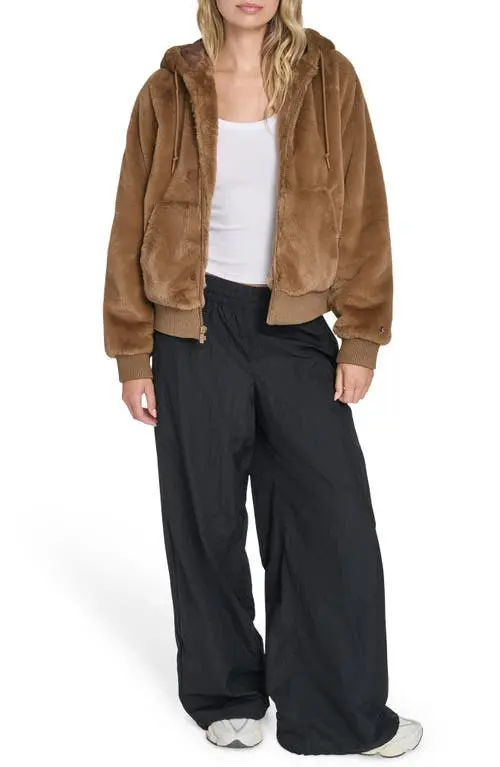 Champion Faux Fur Bomber Hoodie - Cognac