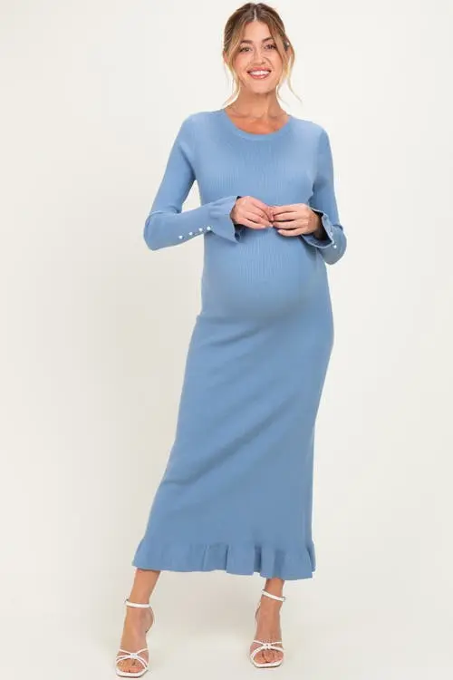 PINKBLUSH Ribbed Knit Bow Back Maxi Dress - Blue