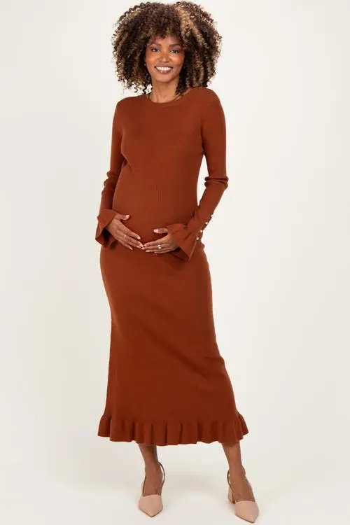 PINKBLUSH Ribbed Knit Bow Back Maxi Dress - Brown