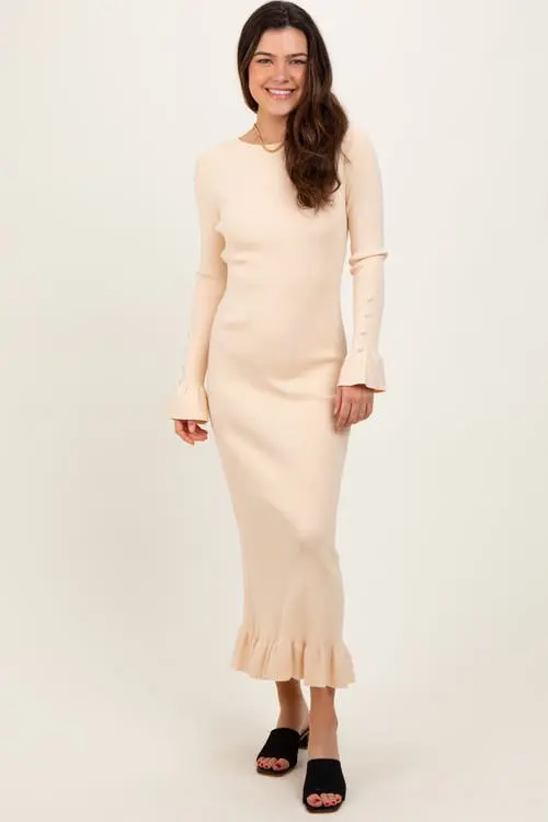 PINKBLUSH Ribbed Knit Bow Back Maternity Maxi Dress - Cream