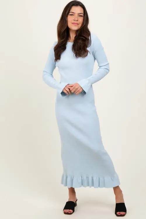 PINKBLUSH Ribbed Knit Bow Back Maternity Maxi Dress - Light Blue
