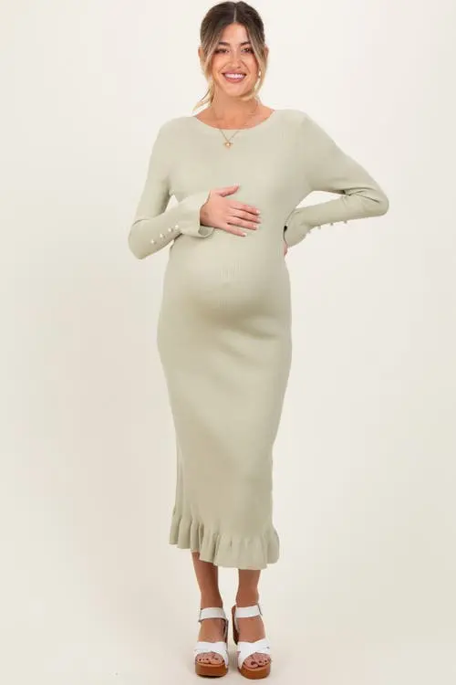 PINKBLUSH Ribbed Knit Bow Back Maternity Maxi Dress - Light Olive