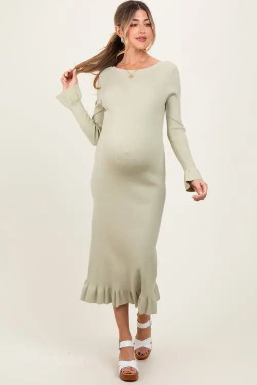 PINKBLUSH Ribbed Knit Bow Back Maternity Maxi Dress - Light Olive