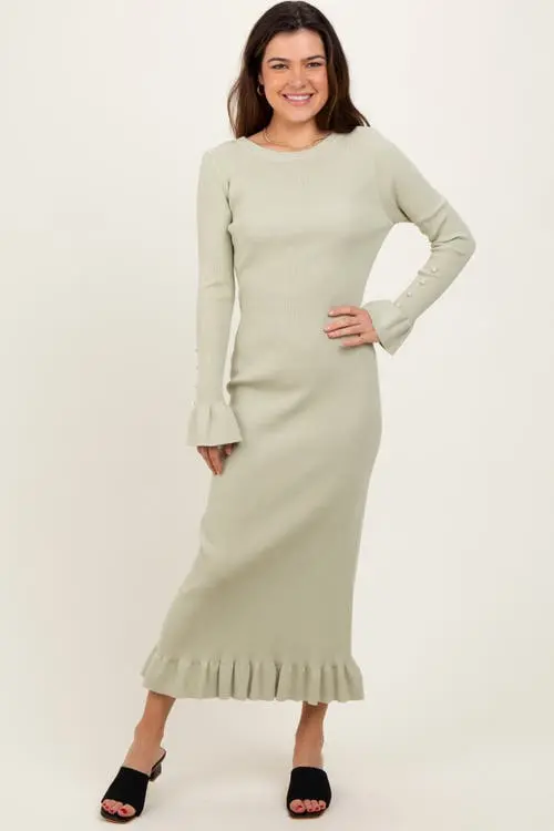 PINKBLUSH Ribbed Knit Bow Back Maternity Maxi Dress - Light Olive