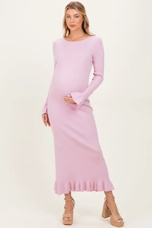 PINKBLUSH Ribbed Knit Bow Back Maternity Maxi Dress - Light Pink