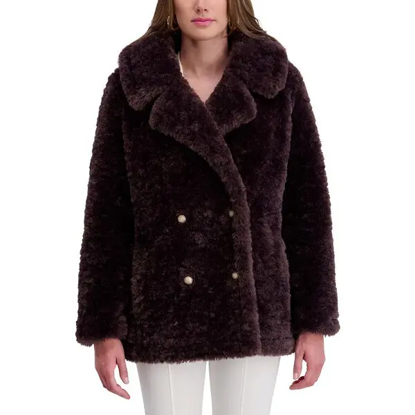 Kensie Faux Shearling Double-breasted Coat - Chocolate