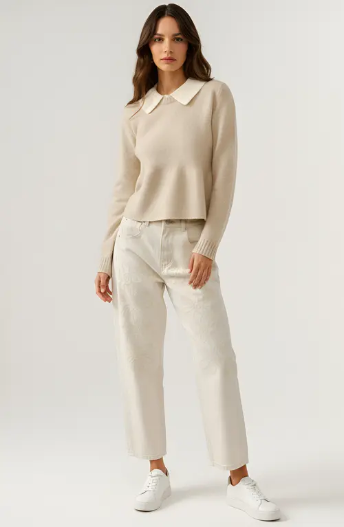 MODENAIRE Cropped Knit Cardigan With Contrast Collar