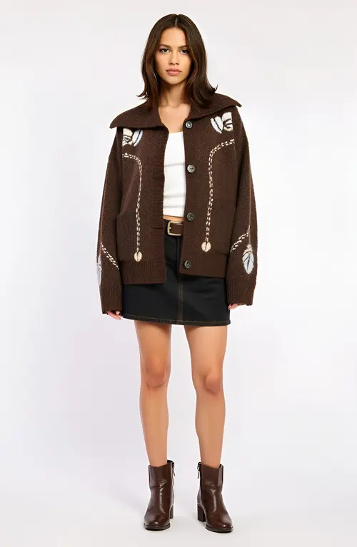 MODENAIRE Button-up Knit Cardigan With Abstract Floral Print