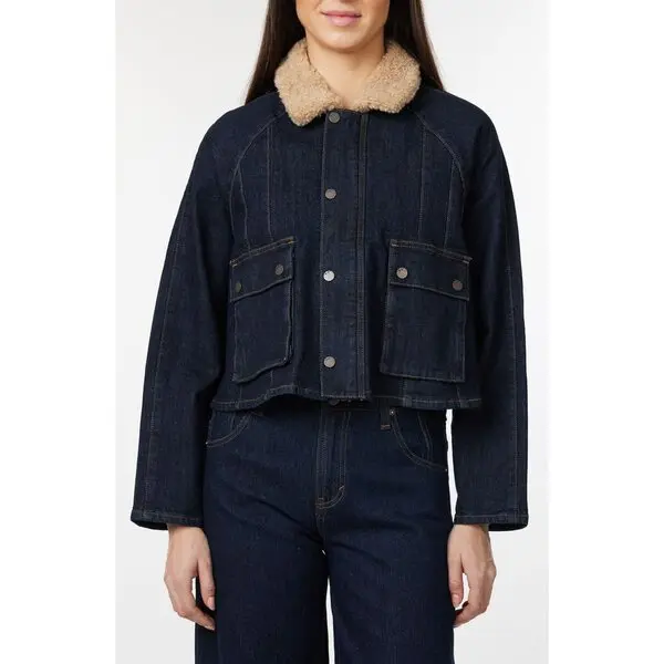 Habitual Faux Shearling Collar Cropped Barn Jacket - Rinse