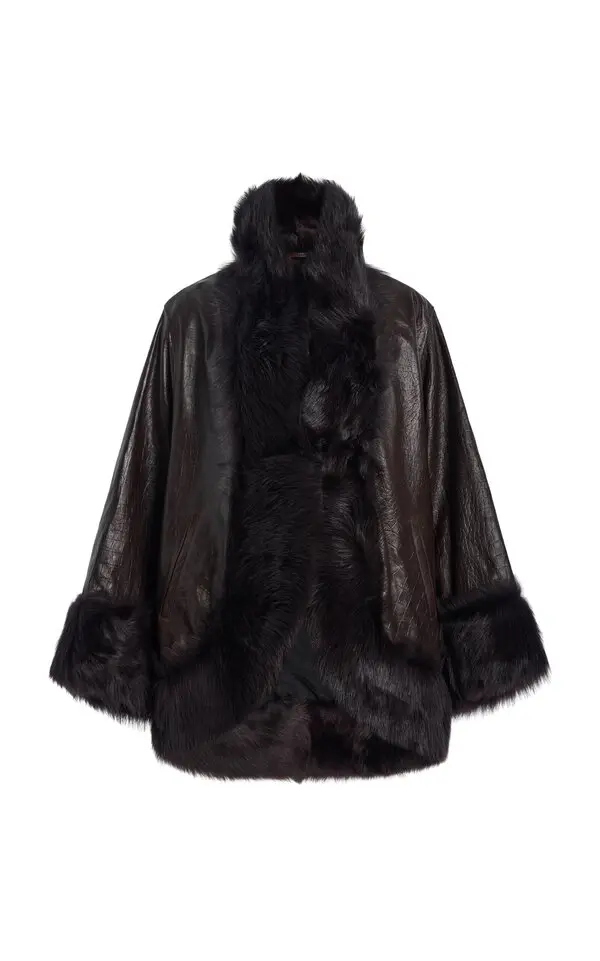 Nour Hammour Shearling-trimmed Croc-effect Leather Coat