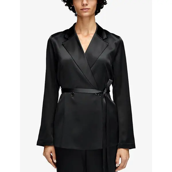JOSEPH Belted-waist Double-breasted Silk Blazer - Black