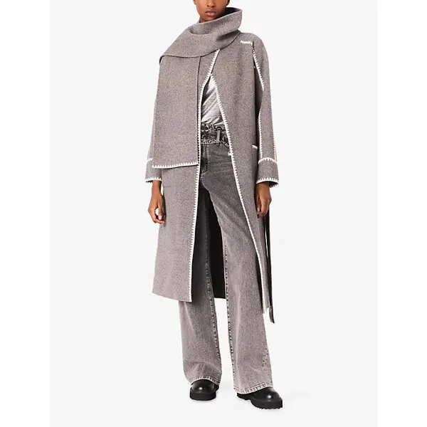 Maje Integrated-scarf Double-faced Wool-blend Coat