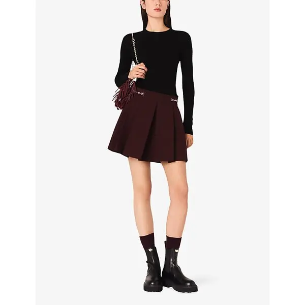 Maje Stretch Wool-blend Pleated Mini Skirt With Clover-chain