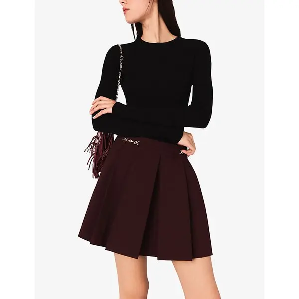 Maje Stretch Wool-blend Pleated Mini Skirt With Clover-chain
