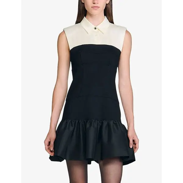 Sandro Ruffle-hem Two-tone Woven Mini Dress