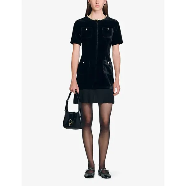 Sandro Pearl-Embellished Velvet Mini Dress In Black | Editorialist