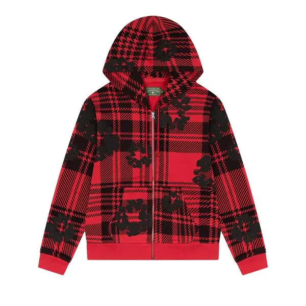 DENIM TEARS Plaid Cotton Wreath Zip Hoodie - Red