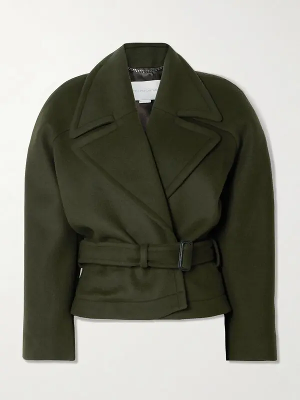 Stella McCartney Cropped Belted Double-breasted Wool Coat - Green