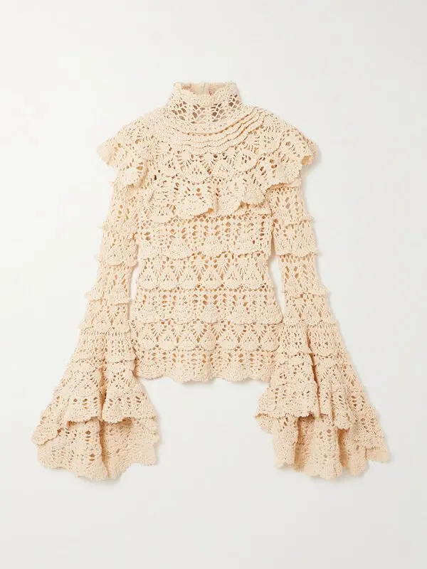 Zimmermann Hypnotic Tiered Crocheted Cotton Turtleneck Top