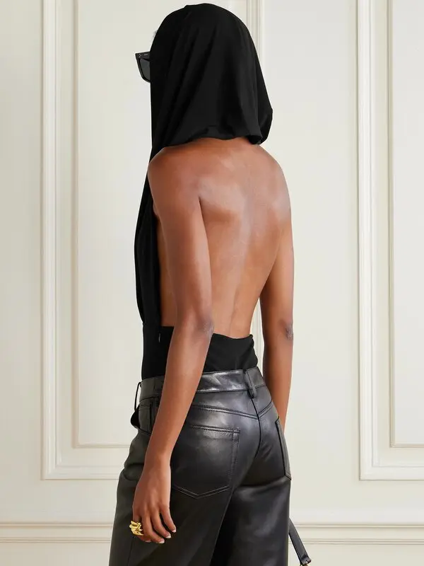 Balmain Hooded Open-back Draped Jersey Bodysuit - Black
