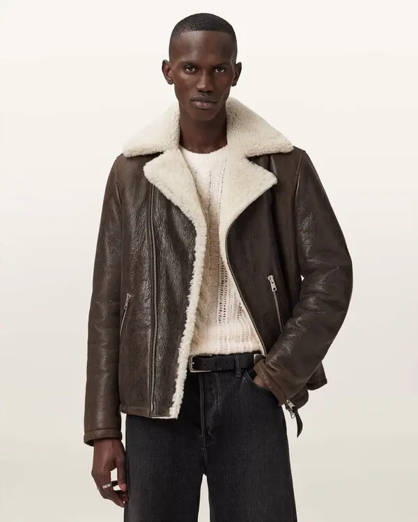 ALLSAINTS Xylon Shearling Biker Jacket - Brown