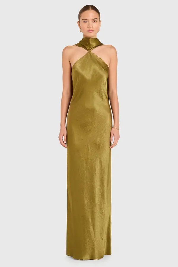 Amanda Uprichard Ashton Maxi Dress In Textured Satin - Olive