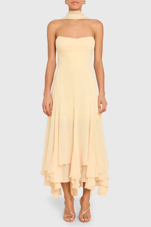 Amanda Uprichard Monterey Chiffon Midi Dress With Scarf - Cornsilk