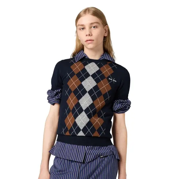 Miu Miu Cashmere Argyle Sweater - Navy