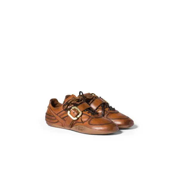 Miu Miu Gymnasium Leather Sneakers With Buckle - Cognac