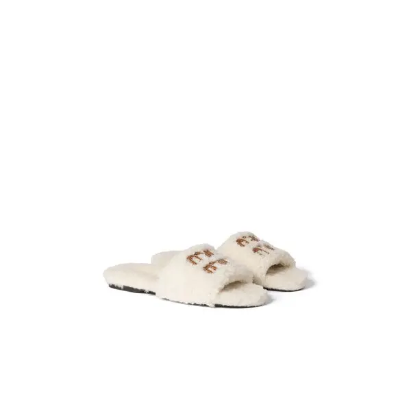 Miu Miu Shearling Slides - Natural