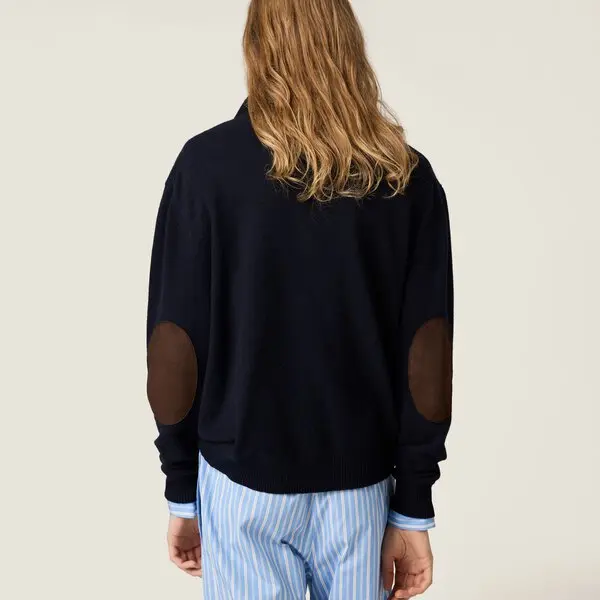 Miu Miu Cashmere And Leather Zipper Sweater - Navy