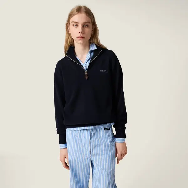 Miu Miu Cashmere And Leather Zipper Sweater - Navy