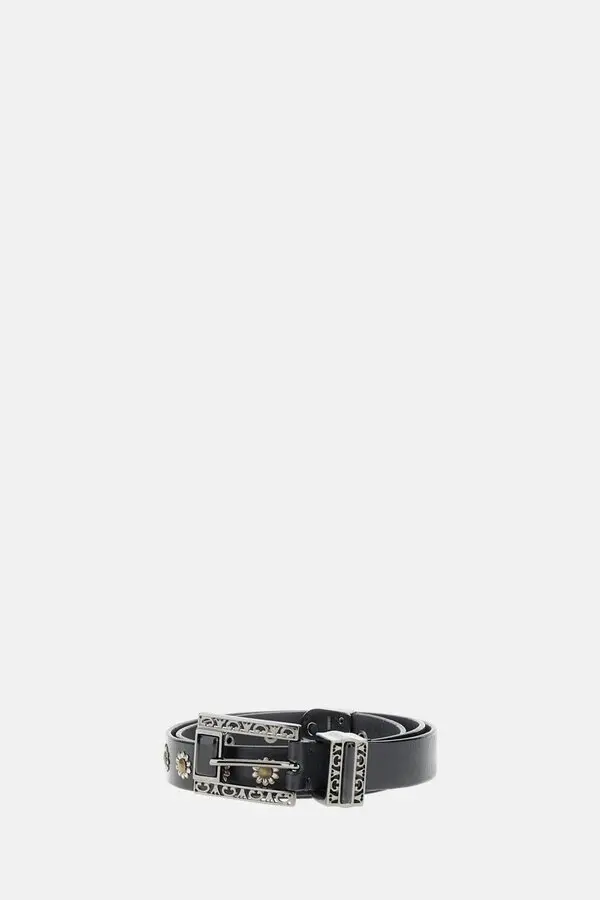 GOLDEN GOOSE Leather Belt With Floral Studs - Black