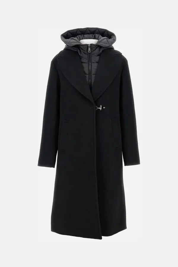 FAY Long Wool Coat With Nylon Inner And Hood