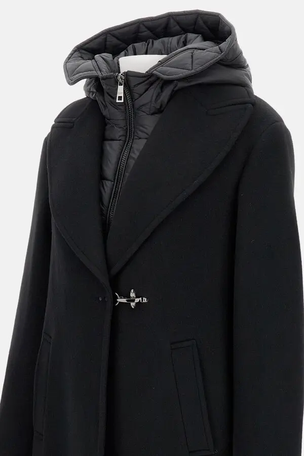 FAY Long Wool Coat With Nylon Inner And Hood