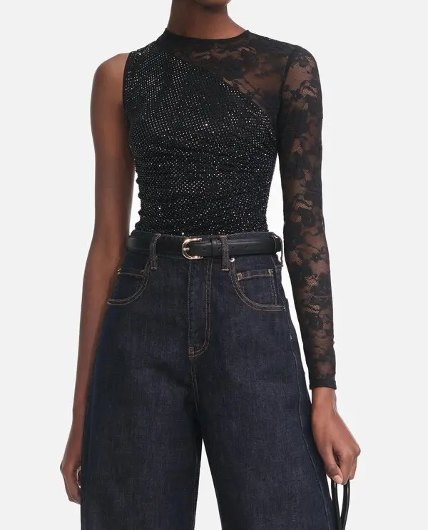 SELF-PORTRAIT Rhinestone Lace Sleeve Top - Black
