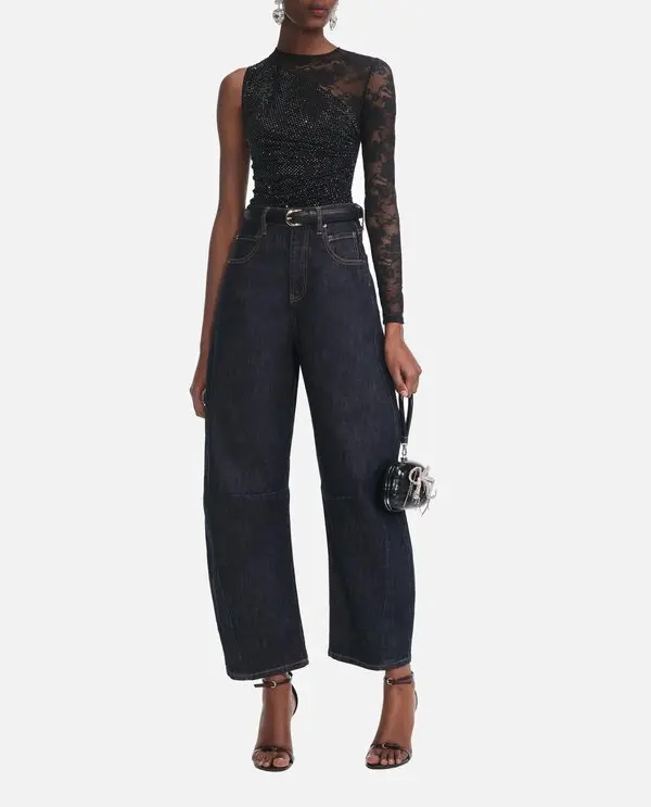 SELF-PORTRAIT Rhinestone Lace Sleeve Top - Black