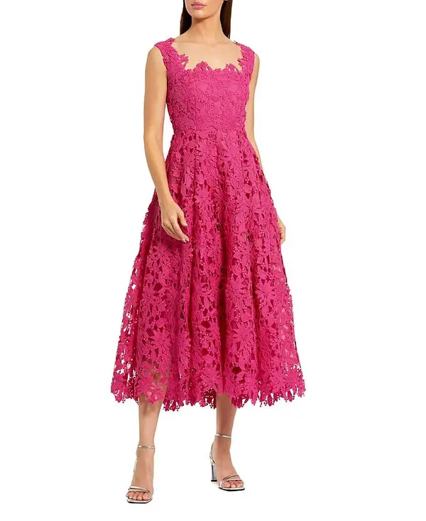 Mac Duggal Sleeveless Lace A-line Midi Dress With Square Neck - Hot Pink
