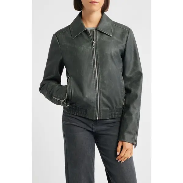 Bernardo Distressed Faux Leather Bomber Jacket