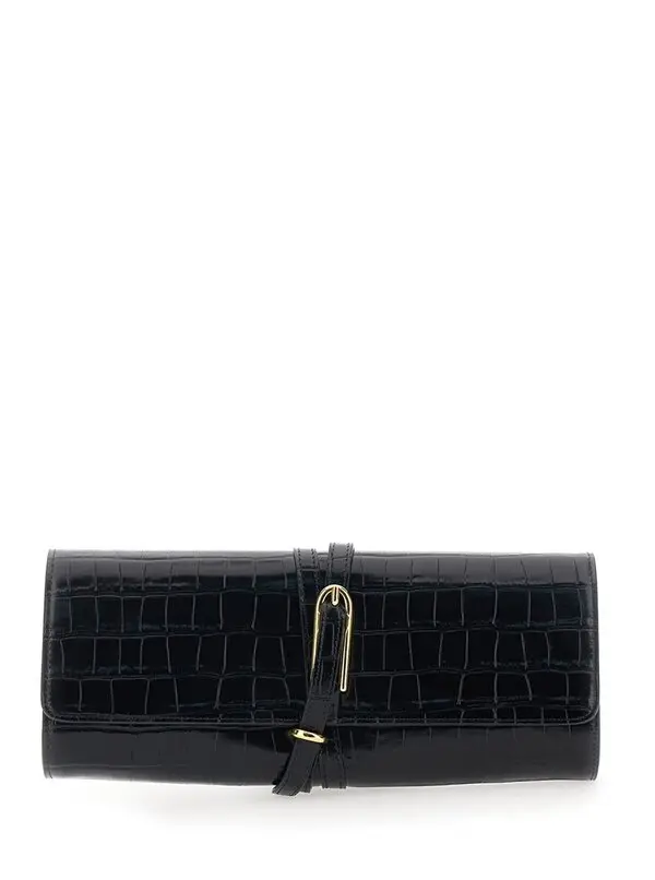 LIFFNER Leather Clutch With Belt Closure And Crocodile Effect - Black