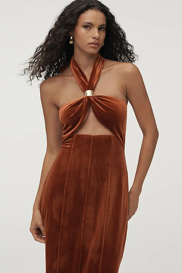 FLAT WHITE Velvet Halter Dress