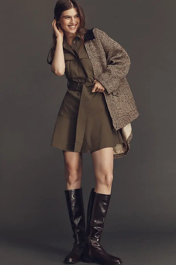 EXQUISE Utility Mini Shirt Dress - Olive